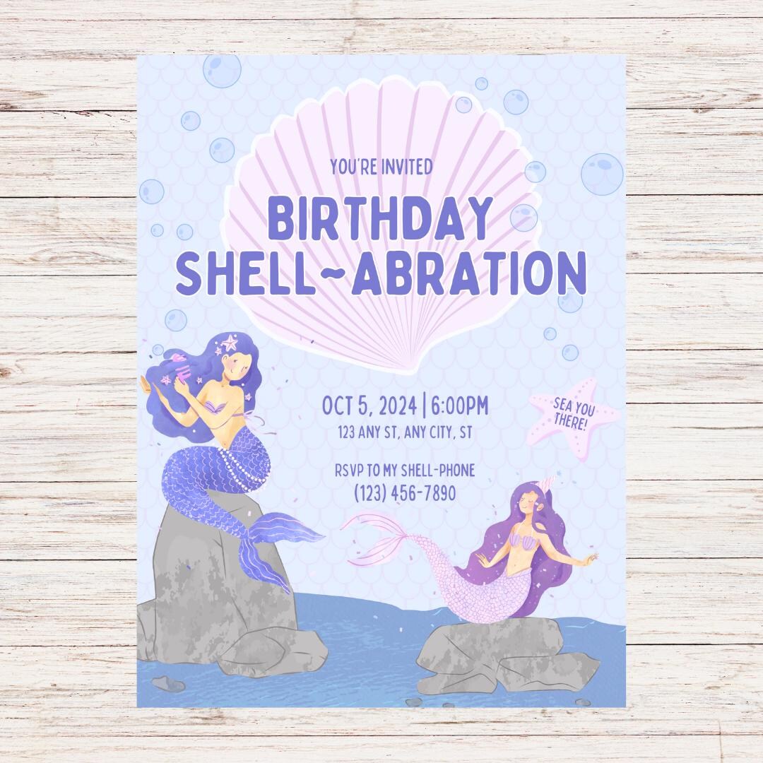 Mermaid Birthday Party, Shellabration, Invitation, Template, Editable ...