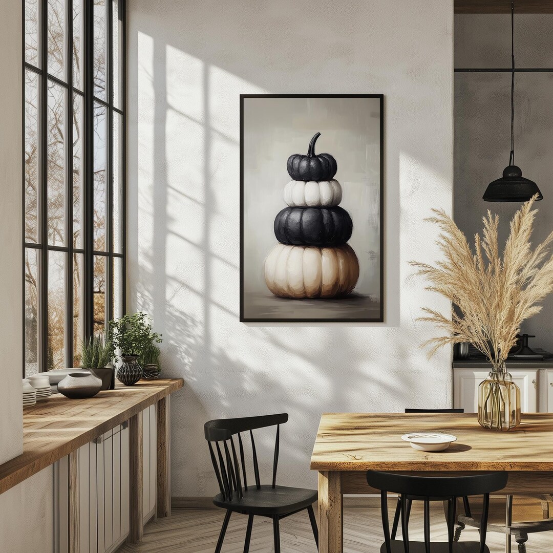 Black Stacked Pumpkins Printable Art, Halloween Wall Decor Rustic ...