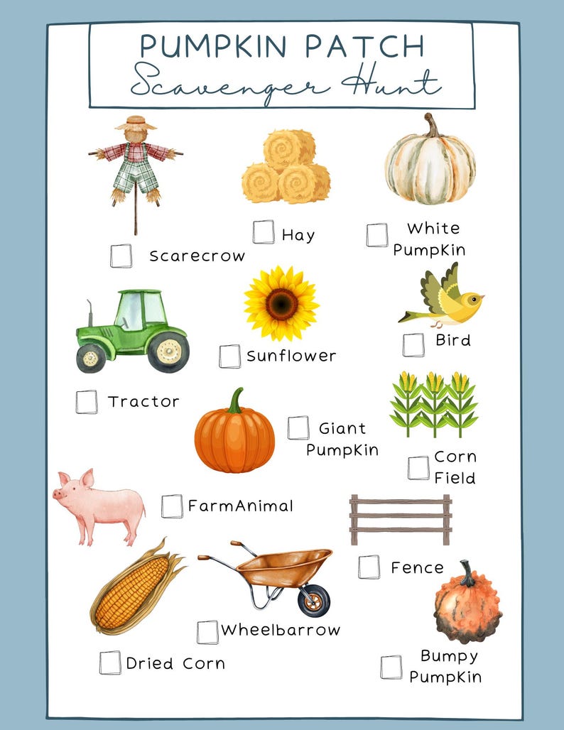 Kid's Printable Fall Pumpkin Patch Outdoor Scavenger Hunt With Pictures ...