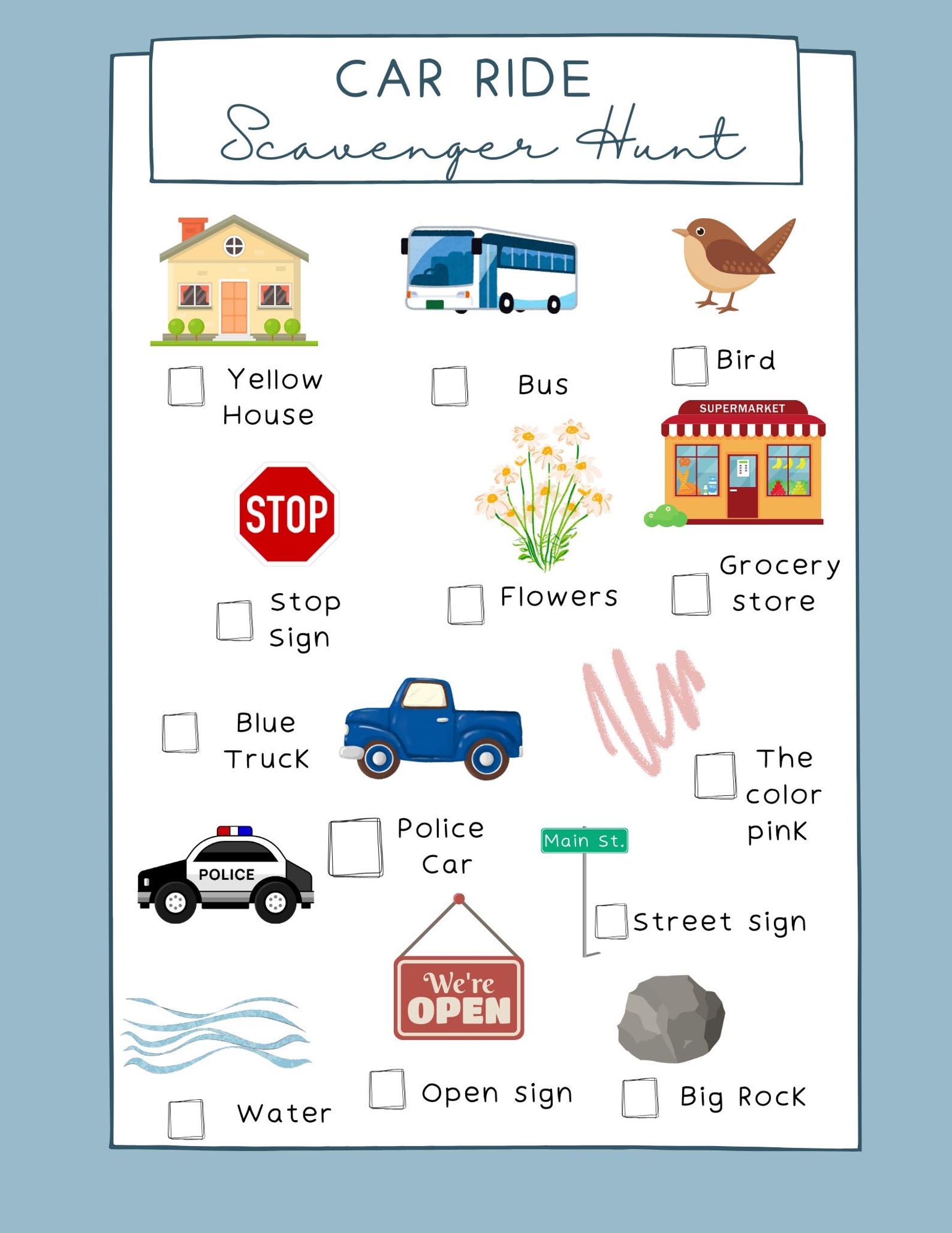 Kid's Printable Car Ride Scavenger Hunt With Pictures Kids Activities ...