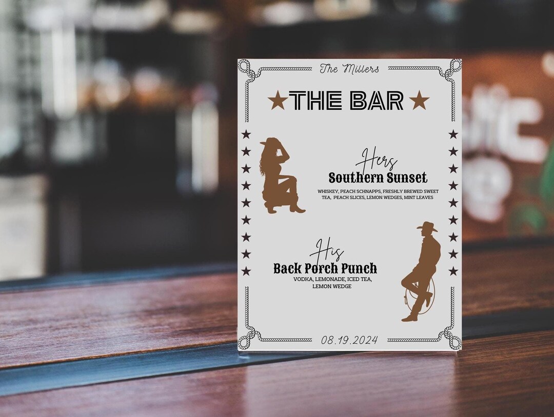 His & Hers Western Bar Menu | Digital Print Template | Vintage Cowboy ...