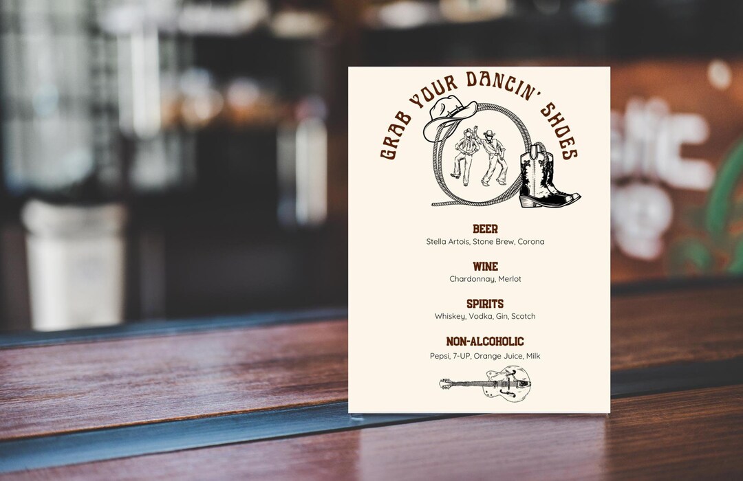 Western Bar Menu | Digital Print Template | Vintage Cowboy Design for ...
