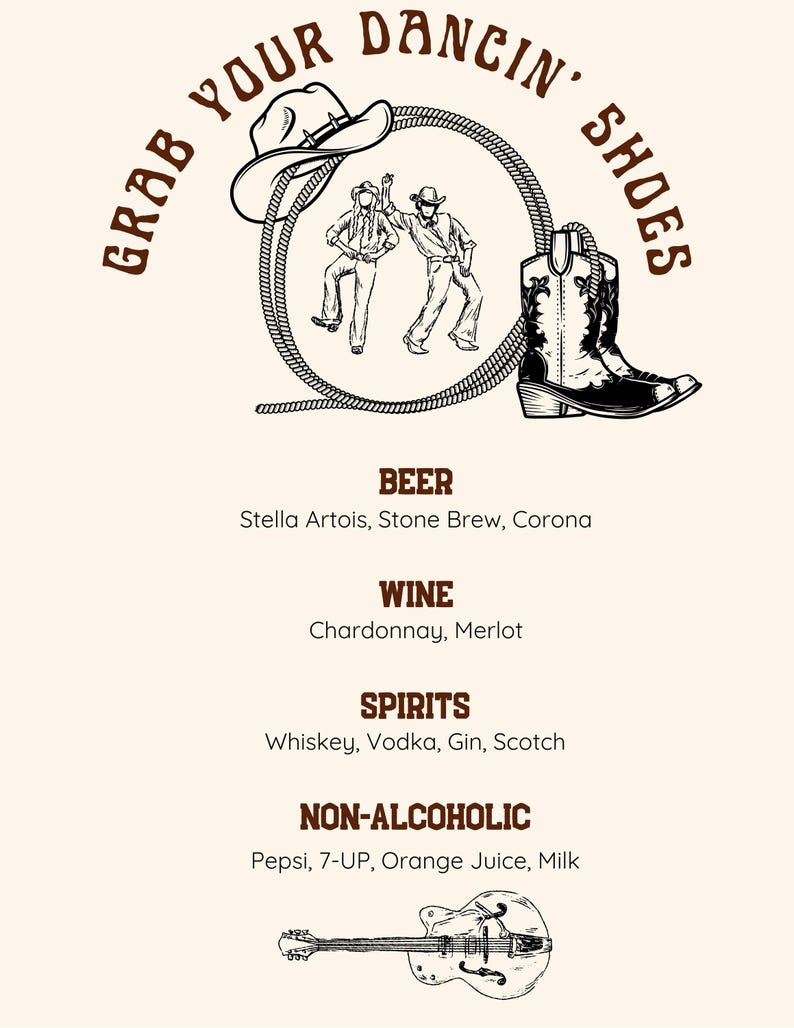 Western Bar Menu | Digital Print Template | Vintage Cowboy Design for ...