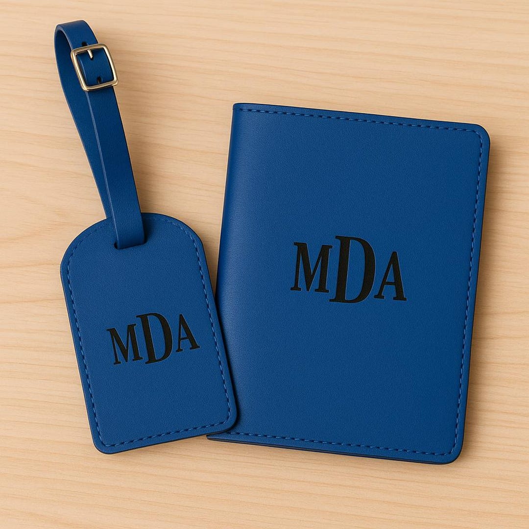 Custom PU Leather Luggage Tag & Passport Cover Set Engraved Monogram ...