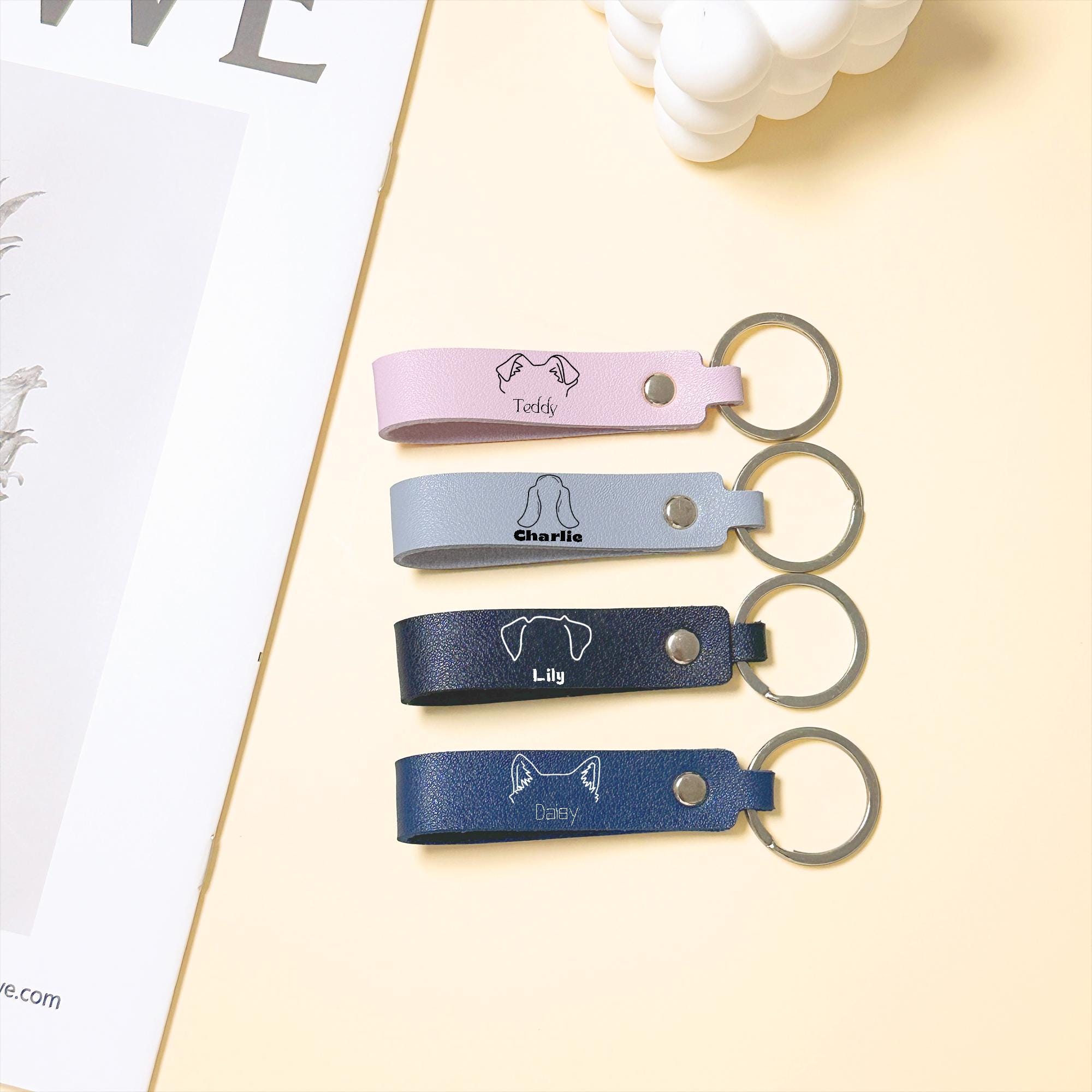 Personalized Leather Keychain, Dog Ear Keychain With Name, Custom Pet ...