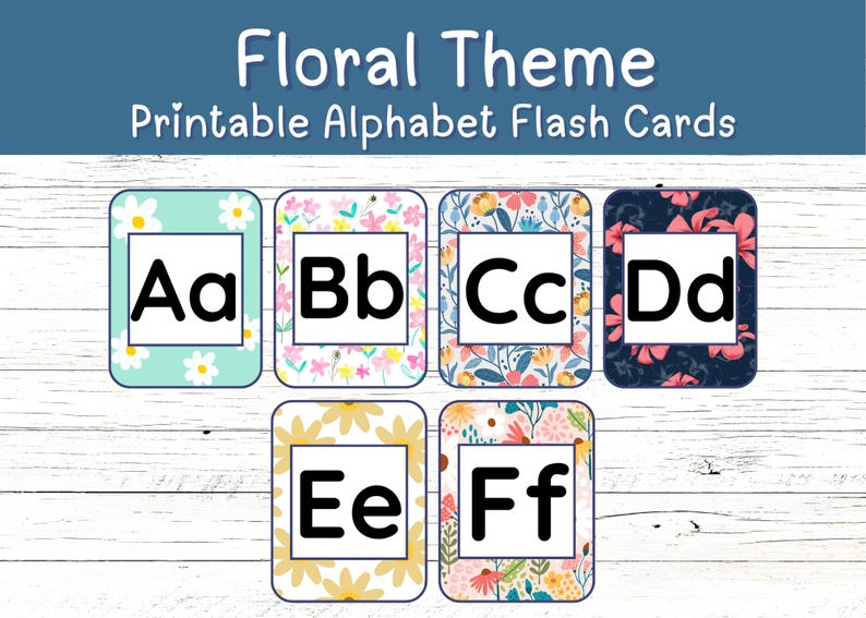 Printable Floral Theme Alphabet Flash Cards With Flowers and Leaves ...
