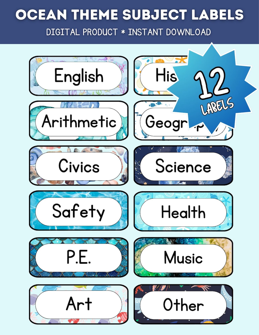 Ocean Theme Subject Labels, Instant PDF Digital Download, for ...