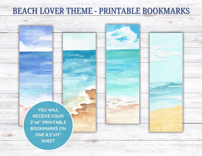 Printable Beach Theme Bookmarks for Readers: Set of 4 (PNG, PDF ...