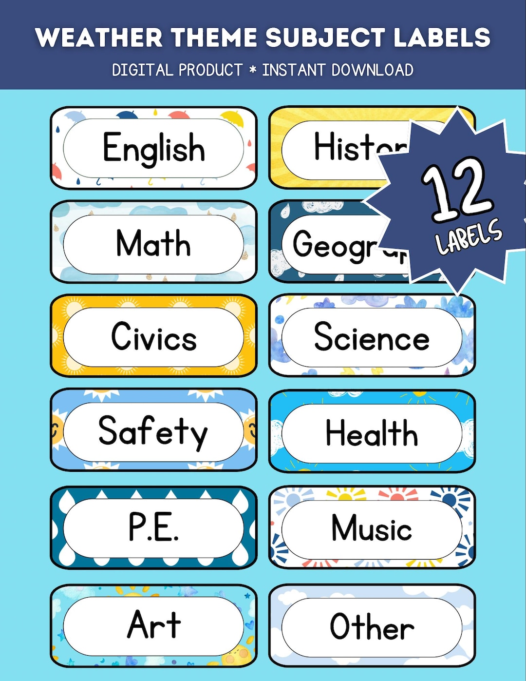 Printable School Subject Labels, Weather Theme School Subject Labels ...