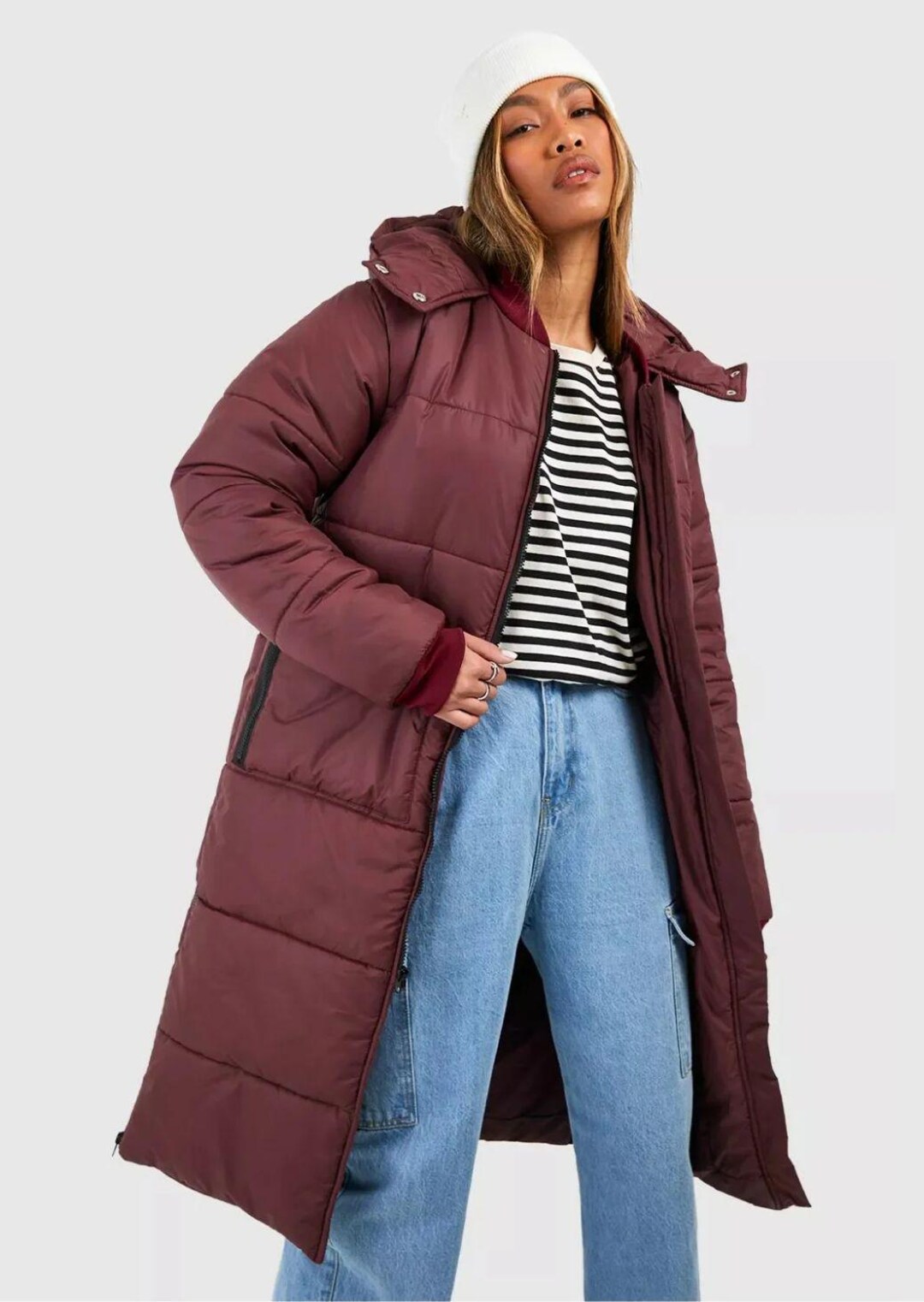 Longline Rib Collar Puffer Jacket, Winter Jacket for Women, Travel Coat ...
