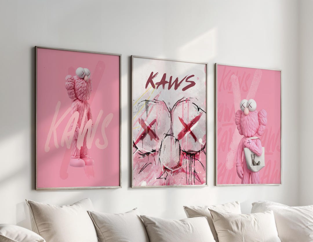 Pink KAWS Wall Art Set of 3 Hypebeast Decor Kaws Poster Art Digital ...