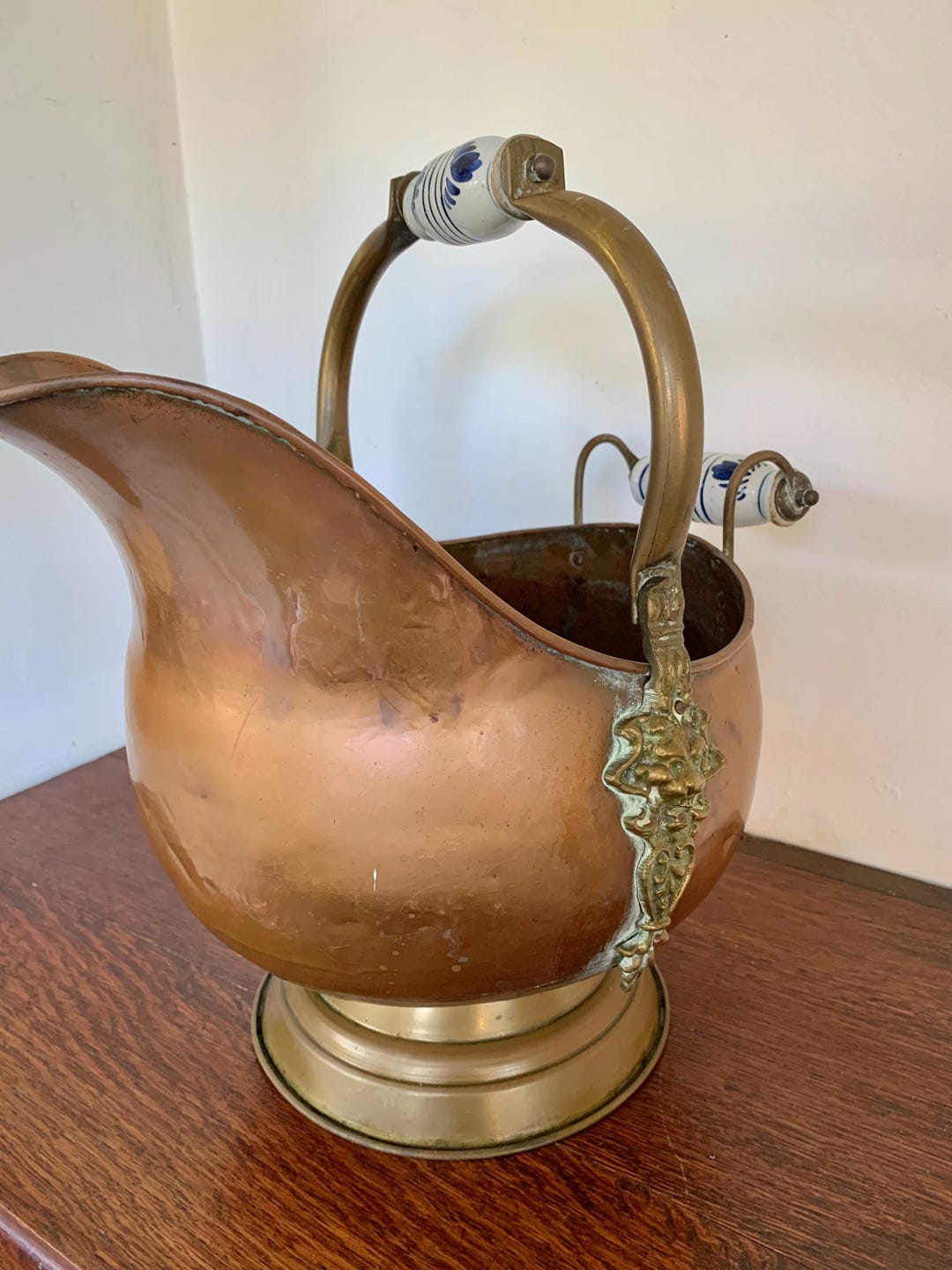 Antique Coal Scuttle With Ceramic Delf Handles/copper Planter - Etsy