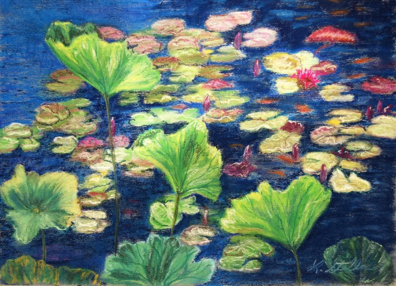 Water Garden Original Pastel Painting Pond Waterlily Floating Flowers ...