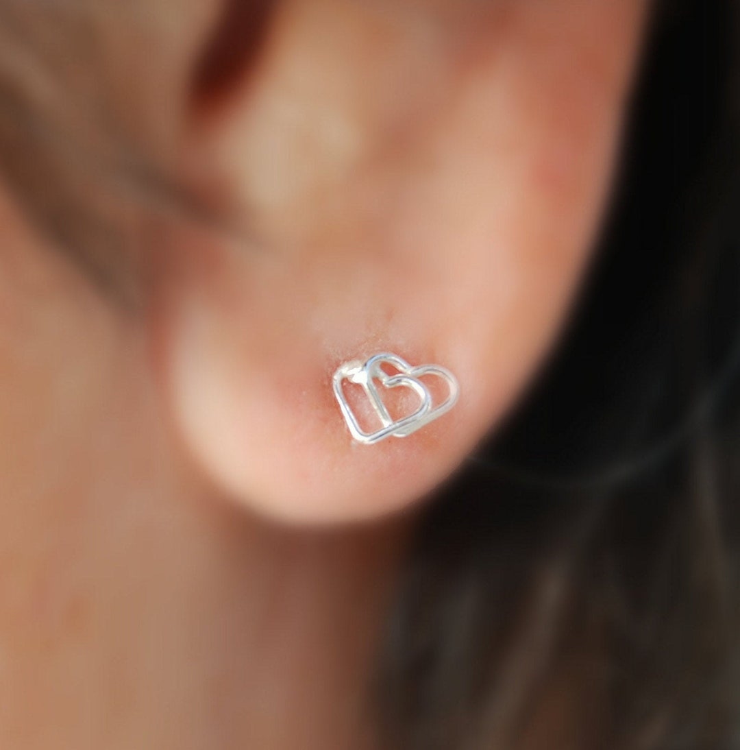 Heart Earring Studs, Silver Tiny Heart Earrings, Dainty Open Double - Etsy