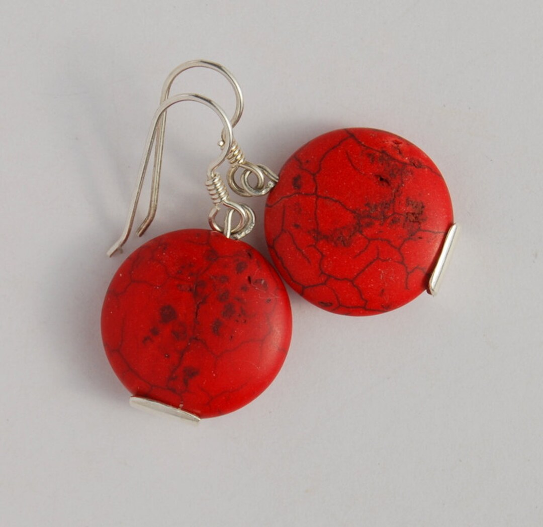 Red Howlite Earrings / Red Dangle Earring / Marbled Red Bead / - Etsy
