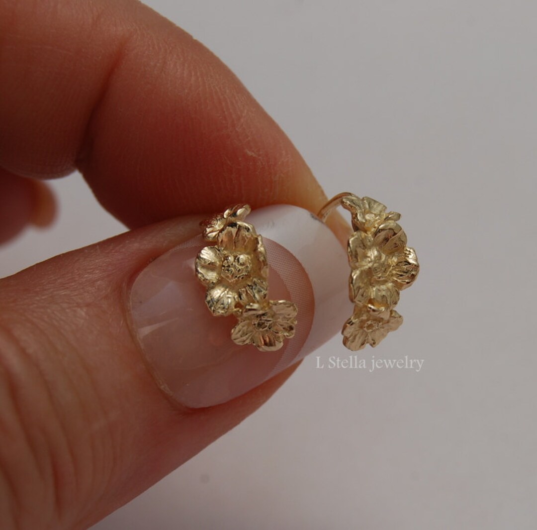 Gold Flower Earrings 14K Gold Flowers Pierced Tiny Hoops Women's Small ...