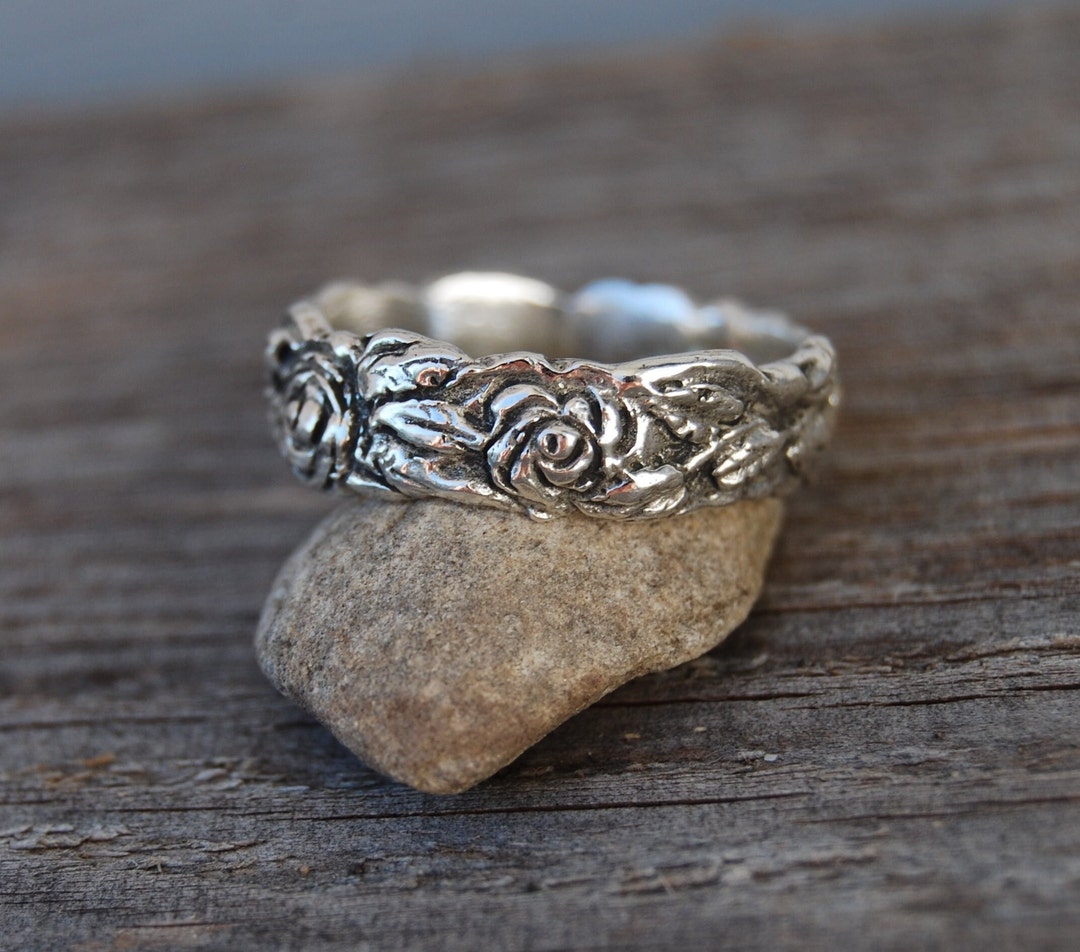 Rose Wedding Band / Rose Ring / Sterling Rose Band / Roses and Leaves ...
