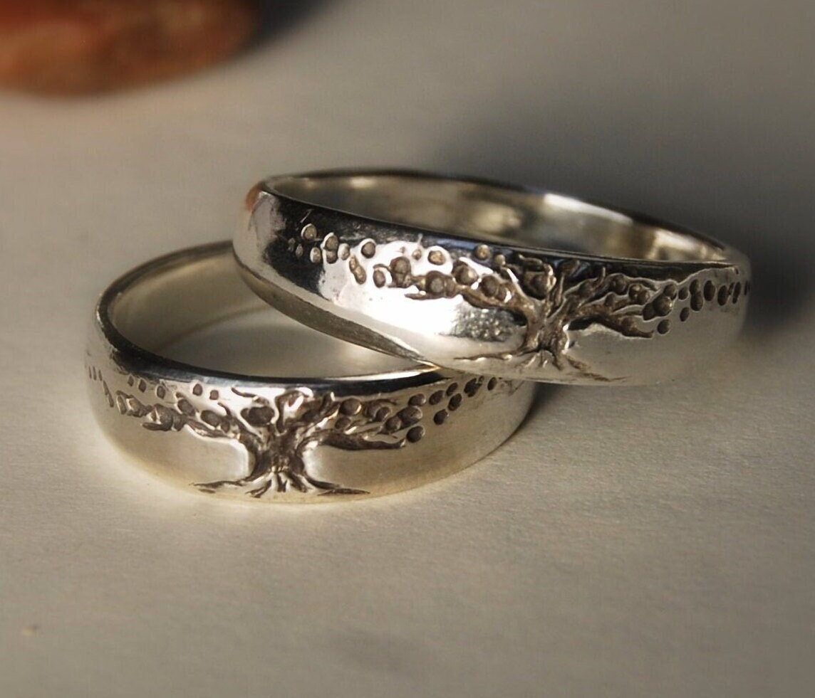 Tree of Life Band Set /tapered Silver Bands / Sterling Wedding | Etsy