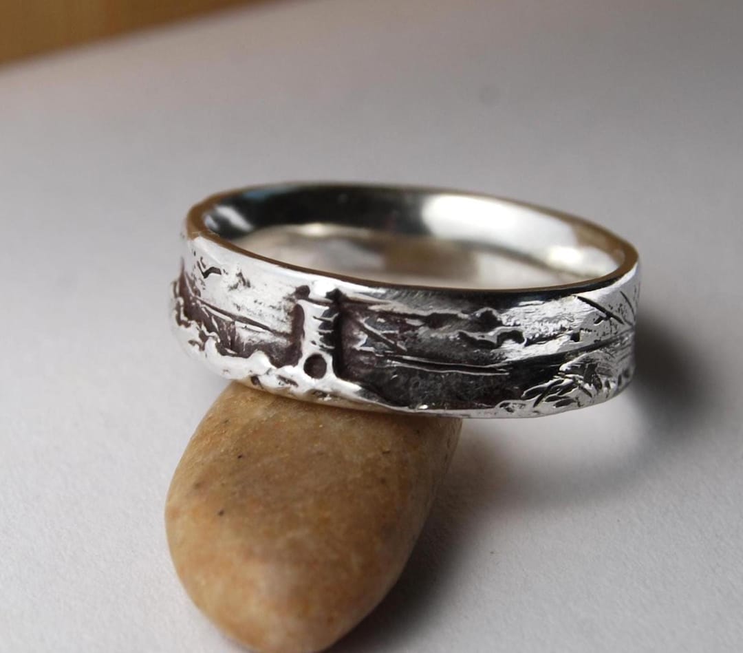 Silver Lighthouse Band, Waves, Sunset, Ocean, Landscape, 6.5mm Wide ...