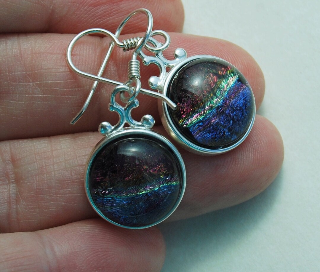 Blue Glimmering Glass Pendant and Earring Set, Sterling, Dichroic Fused ...