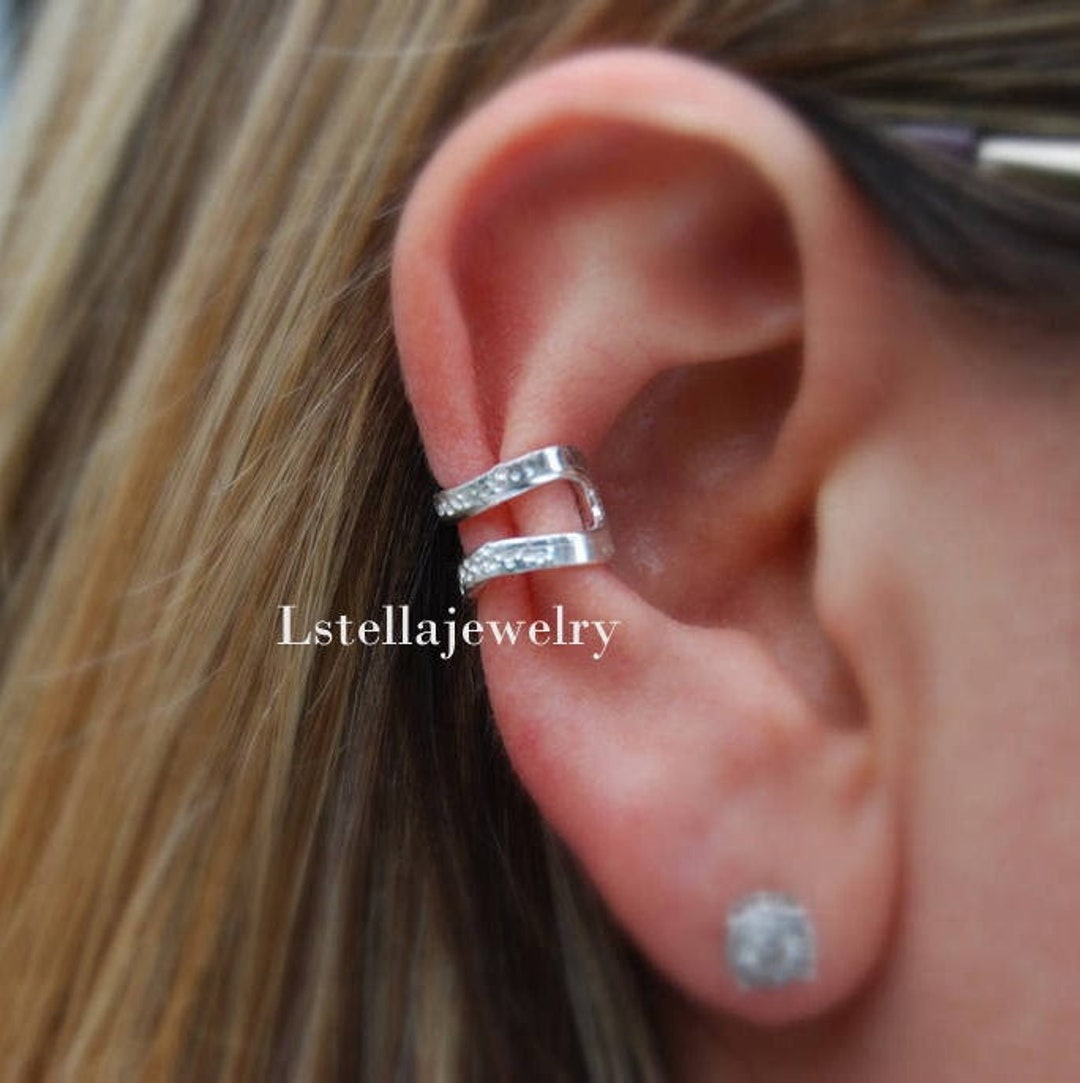 Double Loop Ear Cuff / Non Pierced Sterling Silver Double Band Loop / Textured Ear Cuff / No ...