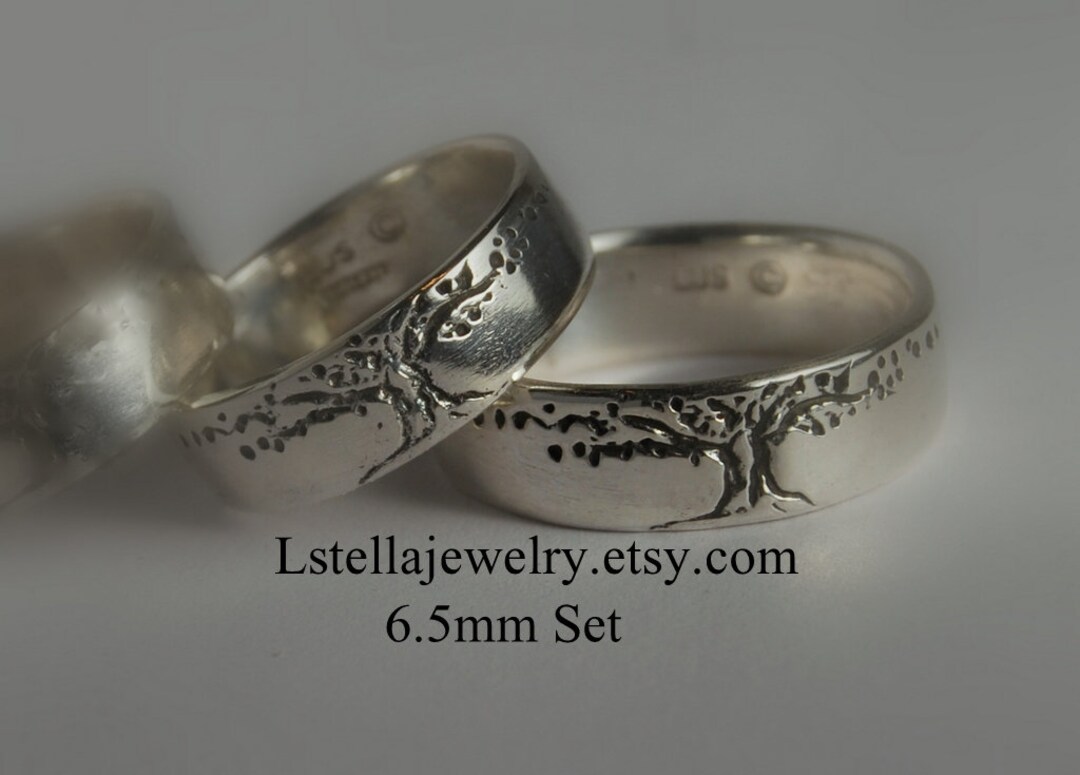 Tree of Life Band Set 6.5mm, Sterling Silver Wedding Bands, Tree Design ...