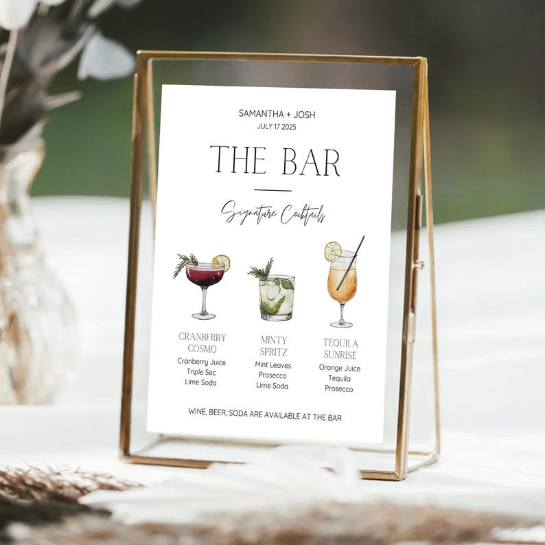 Modern Wedding Bar Signature Drinks Menu, Cocktail Bar Sign Template ...