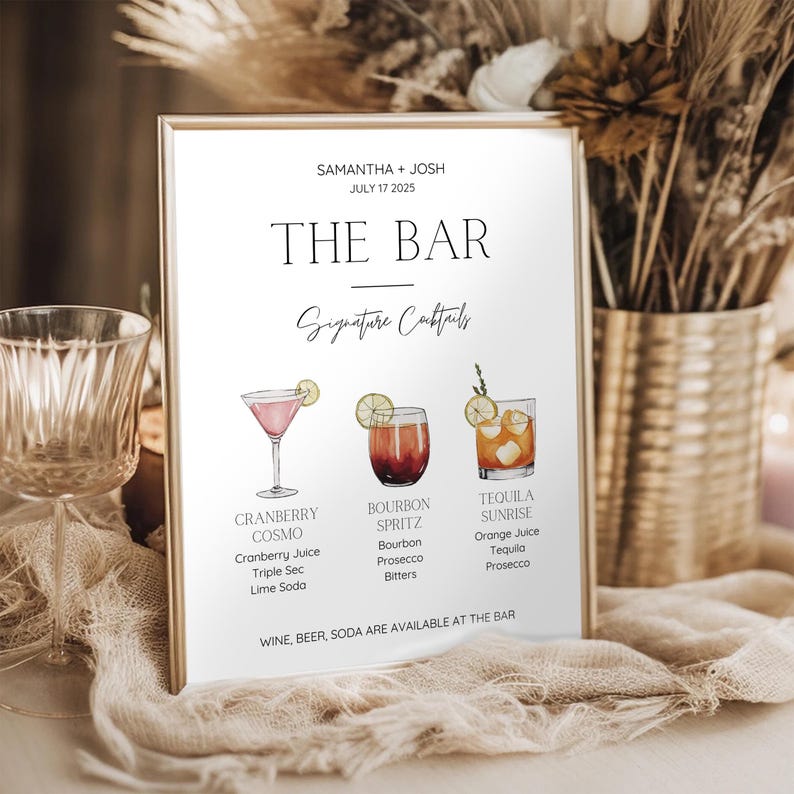 Modern Wedding Bar Signature Drinks Menu, Cocktail Bar Sign Template ...