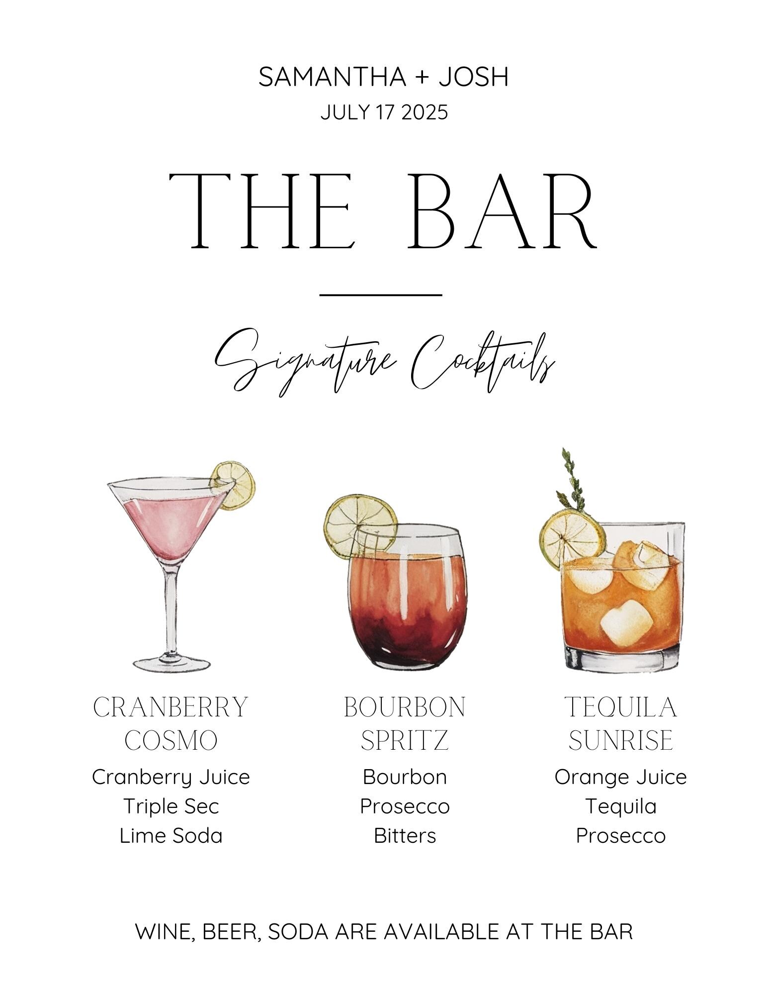 Modern Wedding Bar Signature Drinks Menu, Cocktail Bar Sign Template ...