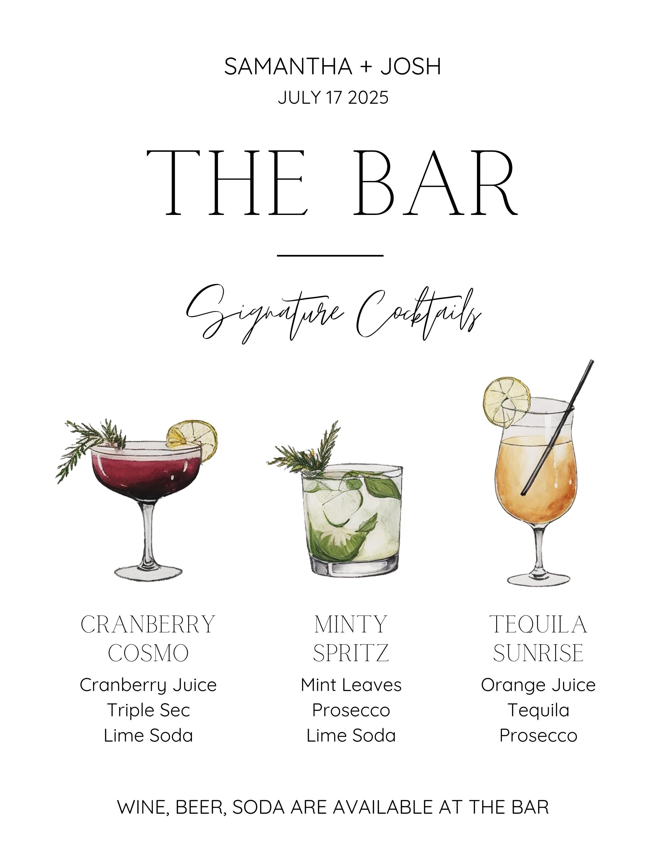 Modern Wedding Bar Signature Drinks Menu, Cocktail Bar Sign Template ...
