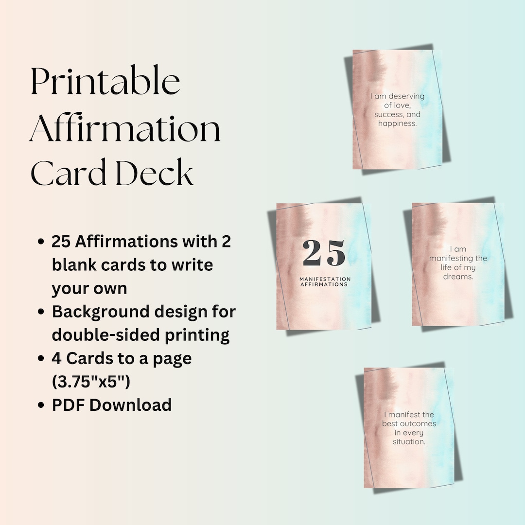 Printable Affirmation Card Deck | Coral & Blue Watercolor | PDF ...