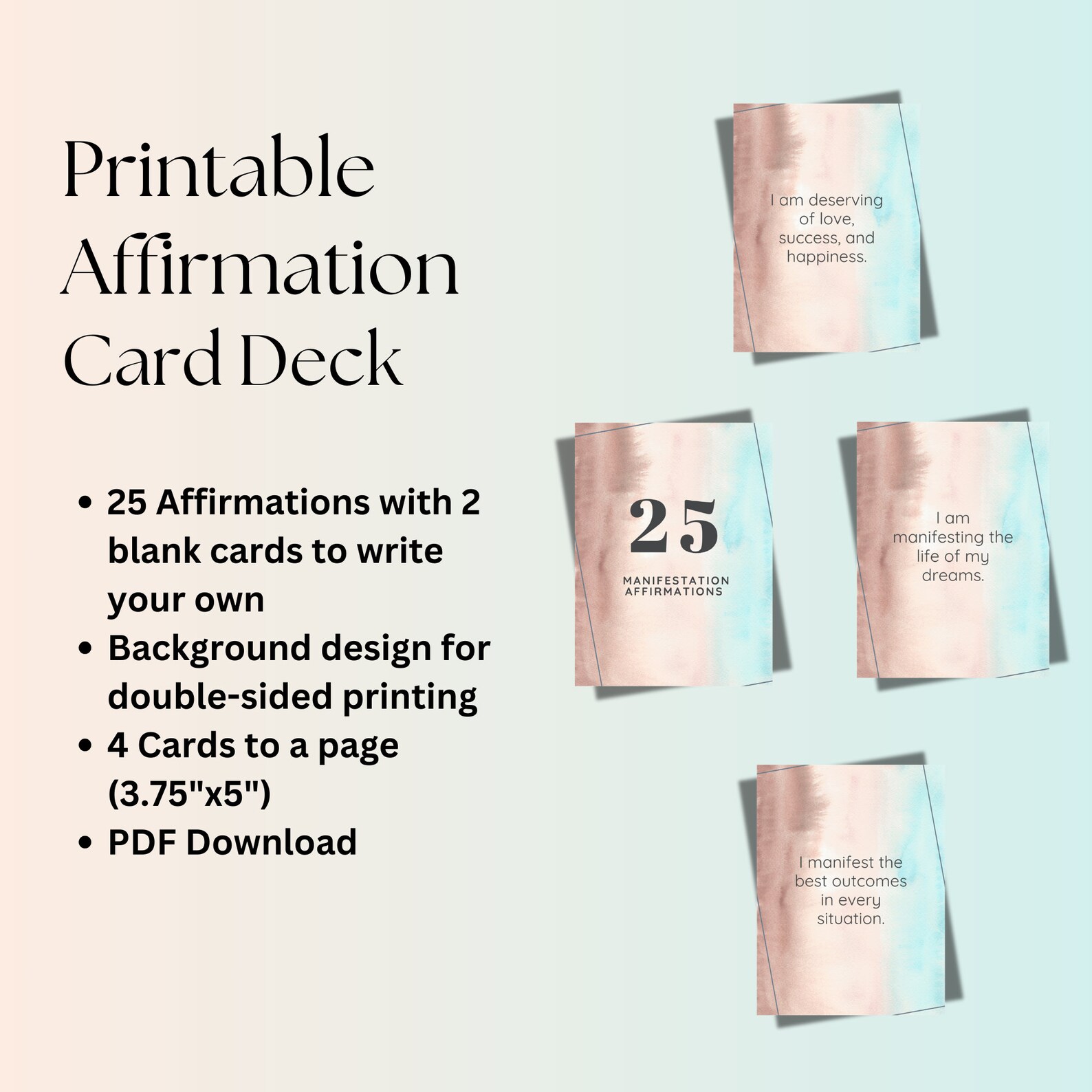Printable Affirmation Card Deck | Coral & Blue Watercolor | PDF ...