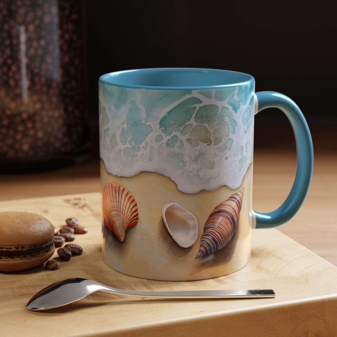 Coastal Charm Coffee Mug Beach Lover Gift Ocean Decor Seashell Tea Cup ...