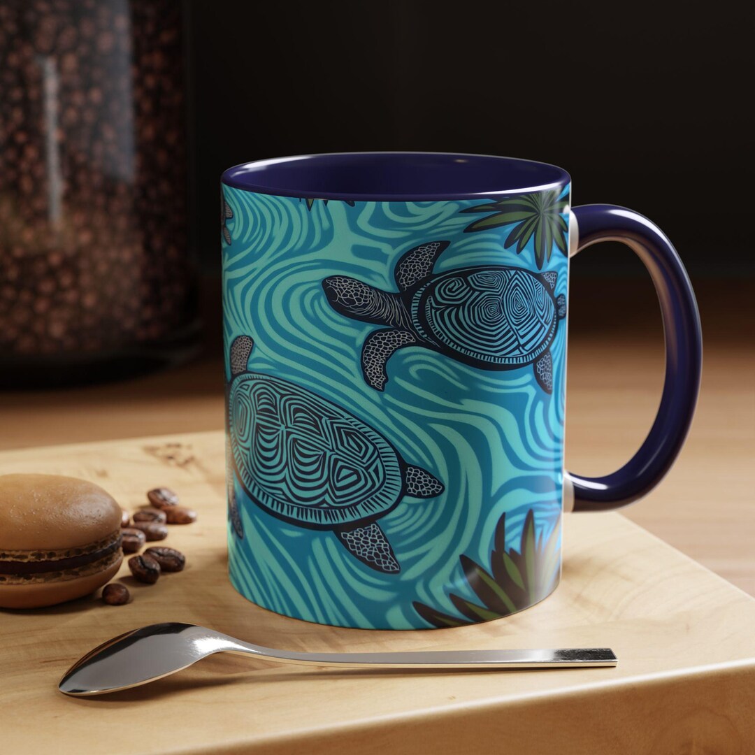 Sea Turtles Swimming Cartoon Style Ceramic Accent Coffee Mug (11oz) Tea ...