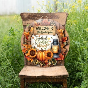 Artsy Woodsy Personalized Fall Door Hanger Round Wood Sign Blessed ...