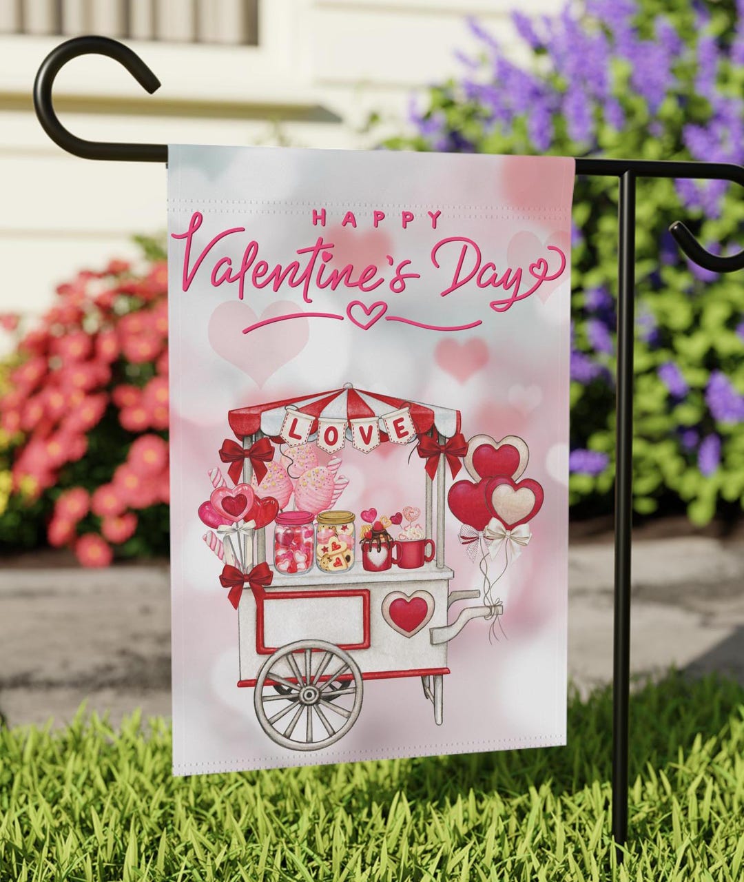 Banner, Valentine Heart and Flower Cart Design, Garden Flag, Holiday ...