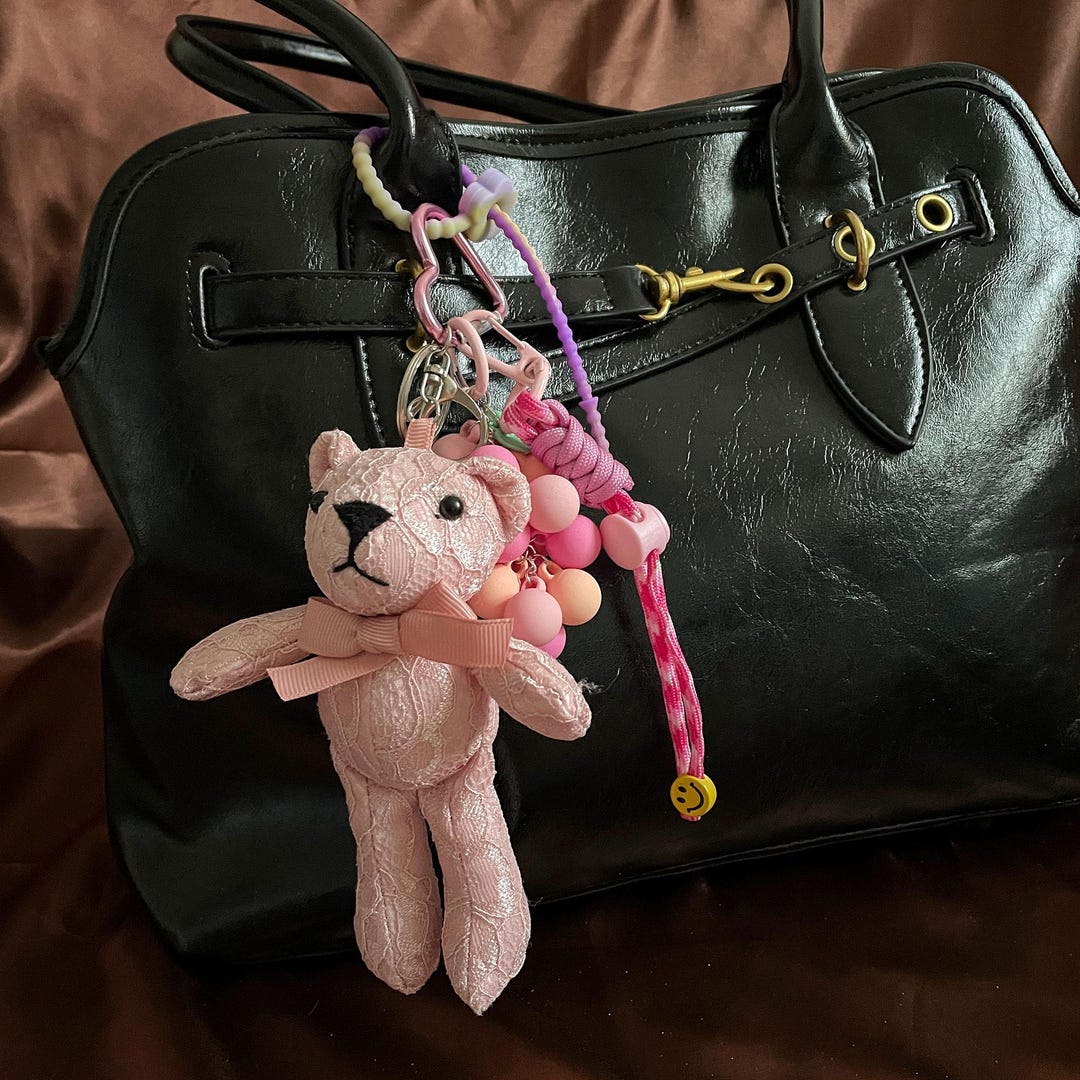 Pink Bear Plush Bag Charms,rope Bag Charm,purse Bag Keychain ...