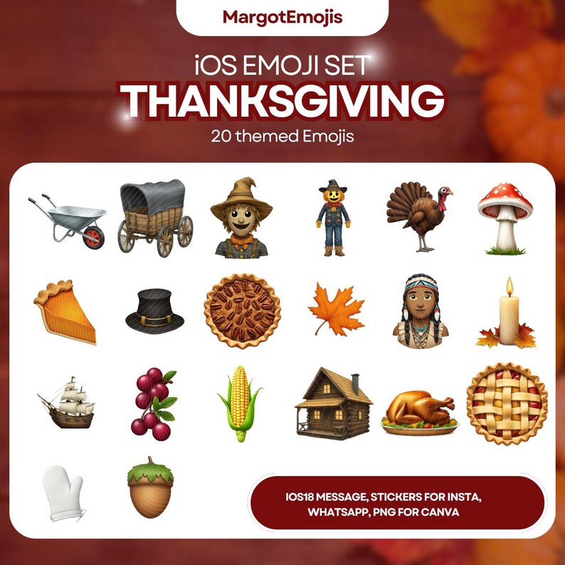 Ios18 Custom Emojis Stickers Pack 20 Thanksgiving Aesthetic iPhone ...