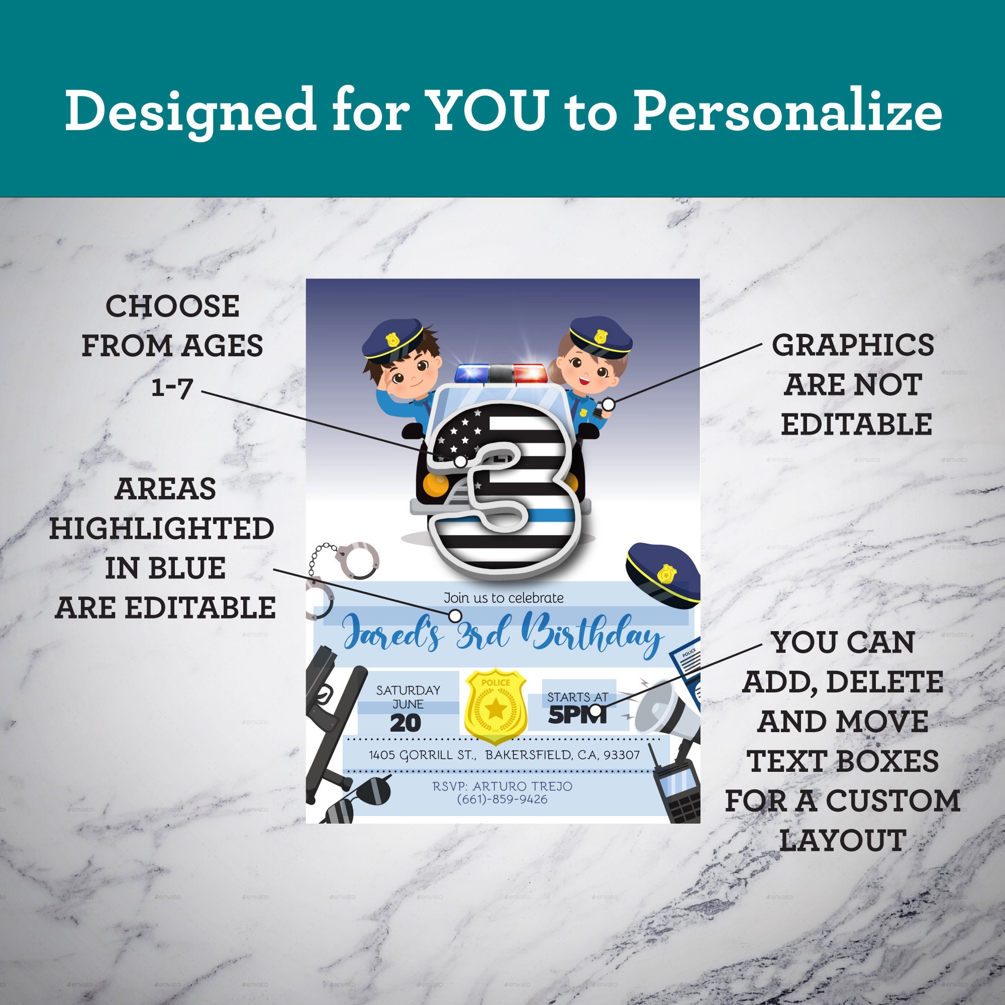 Police Birthday Invitation: Customizable Party Invite (digital Download ...