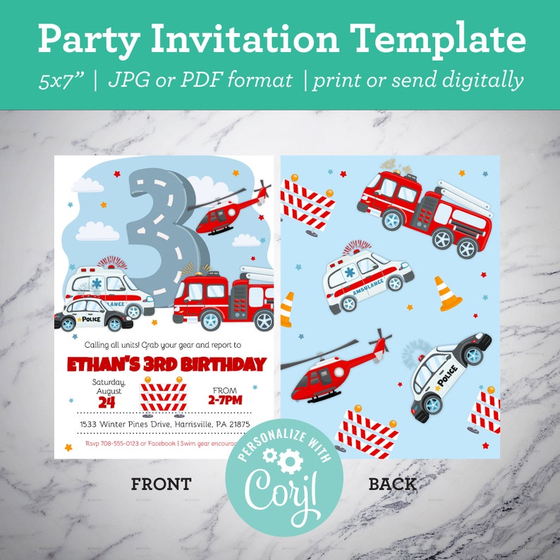 Calling All Units Emergency Squad Invitation Fire Truck - Etsy