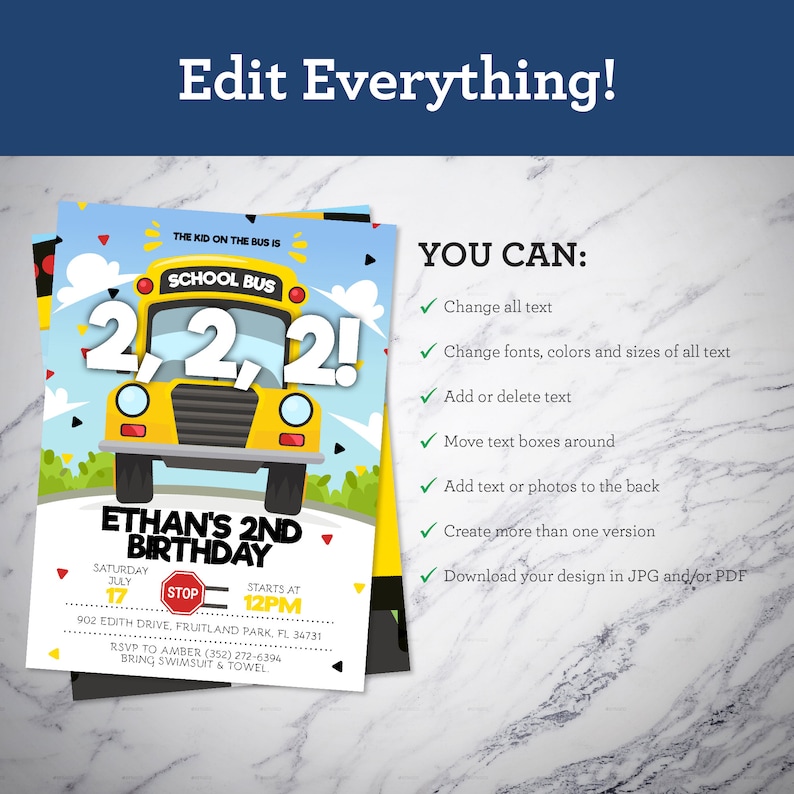 Wheels on the Bus Birthday Invitation: School Bus Party (digital ...