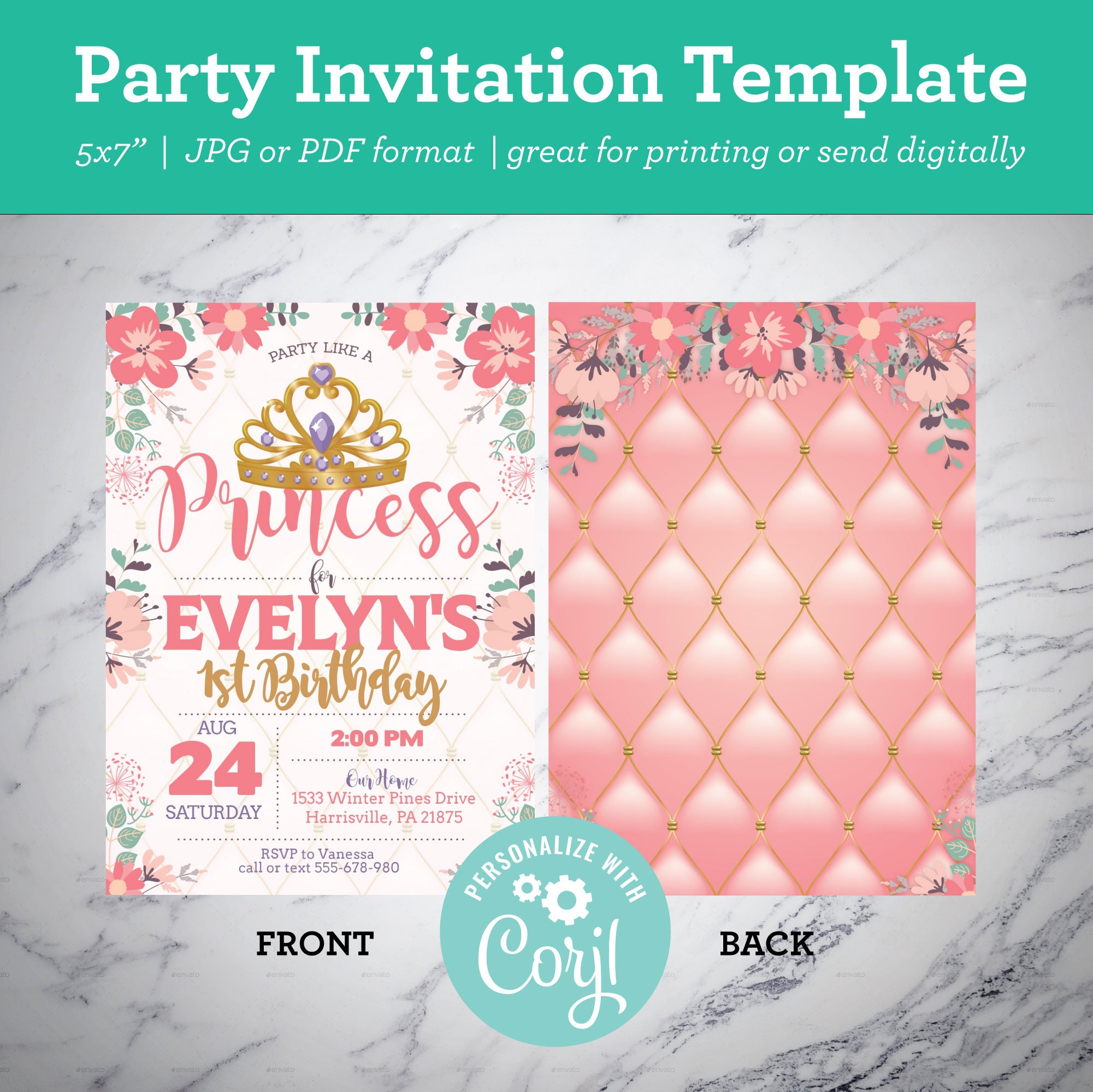Princess Birthday Card Editable Princess Invitation | Etsy