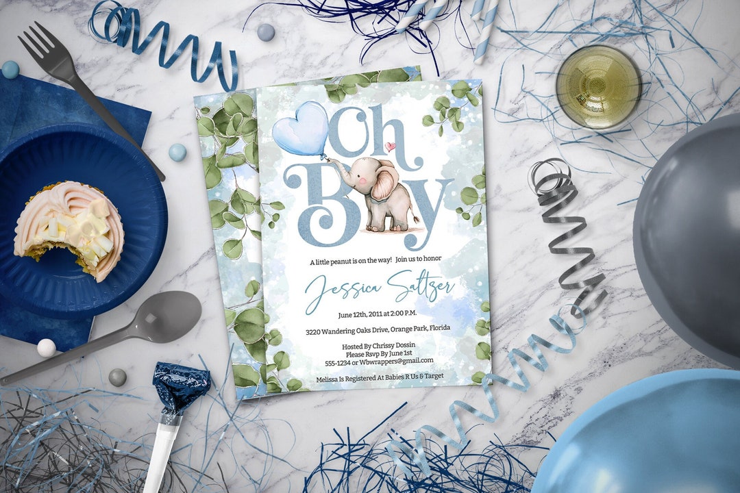 Elephant Baby Shower Invitation, Oh Boy, Little Peanut Blue Invite ...