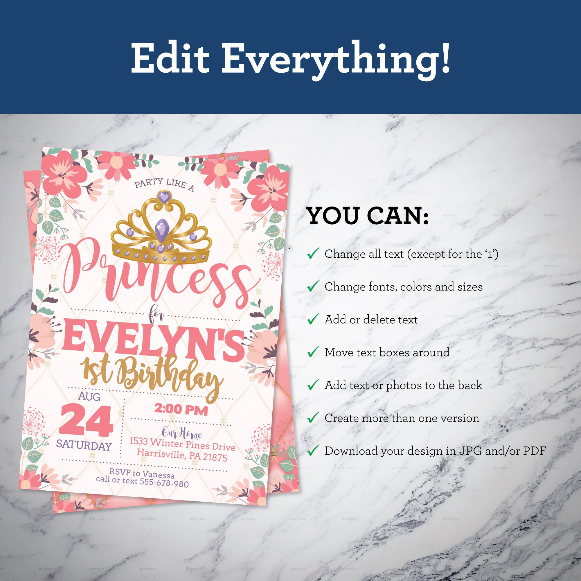 Princess Birthday Card Editable Princess Invitation | Etsy