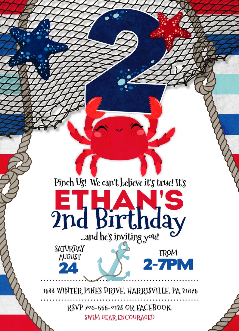 Nautical Invitation Crab Invitation Nautical Birthday Crab - Etsy