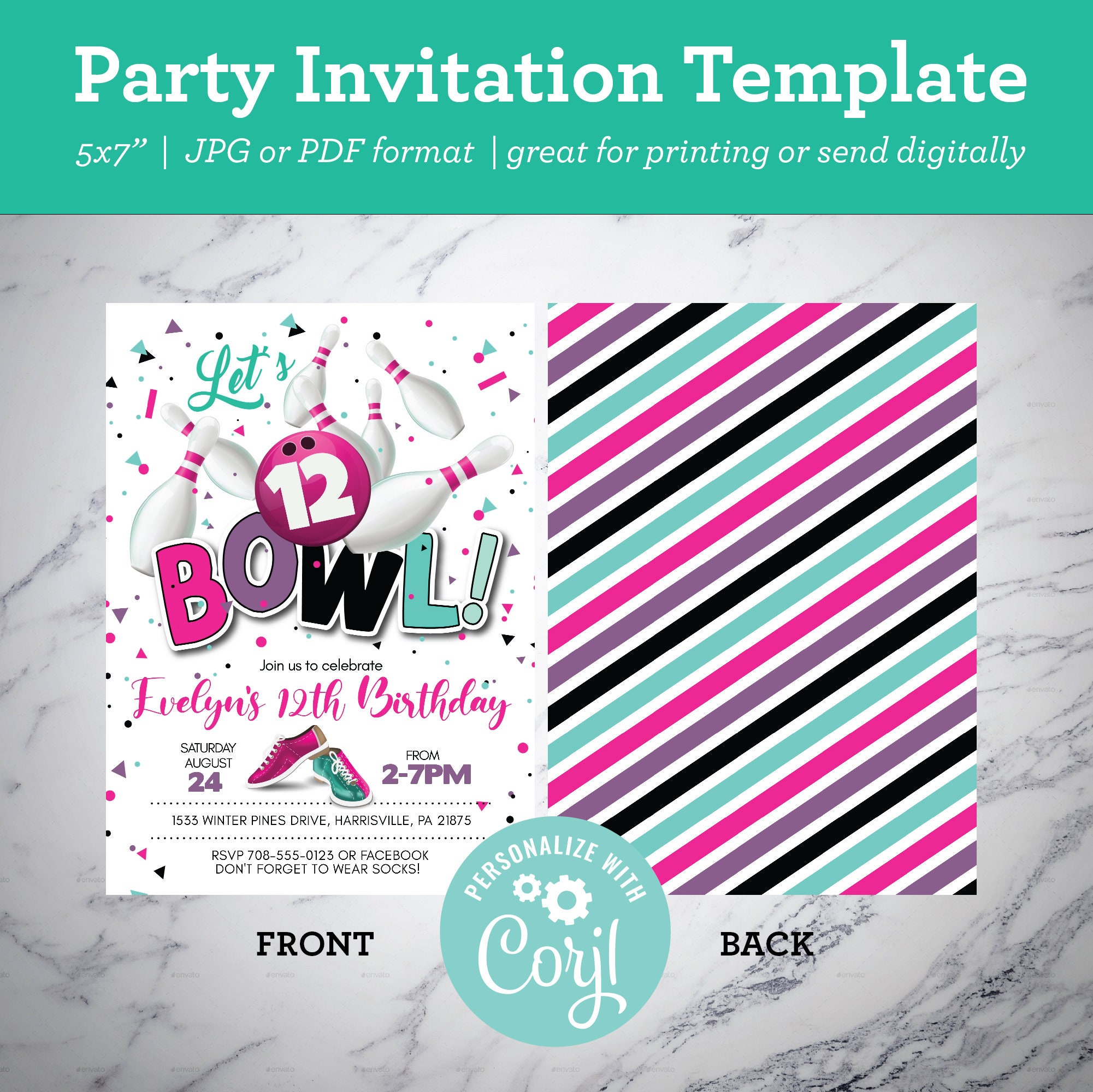 Girl Bowling Party Invitation Bowling Invitations Instant - Etsy