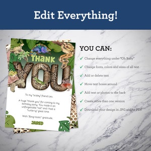 Reptile Birthday Thank You Card Template (digital Download) - Etsy