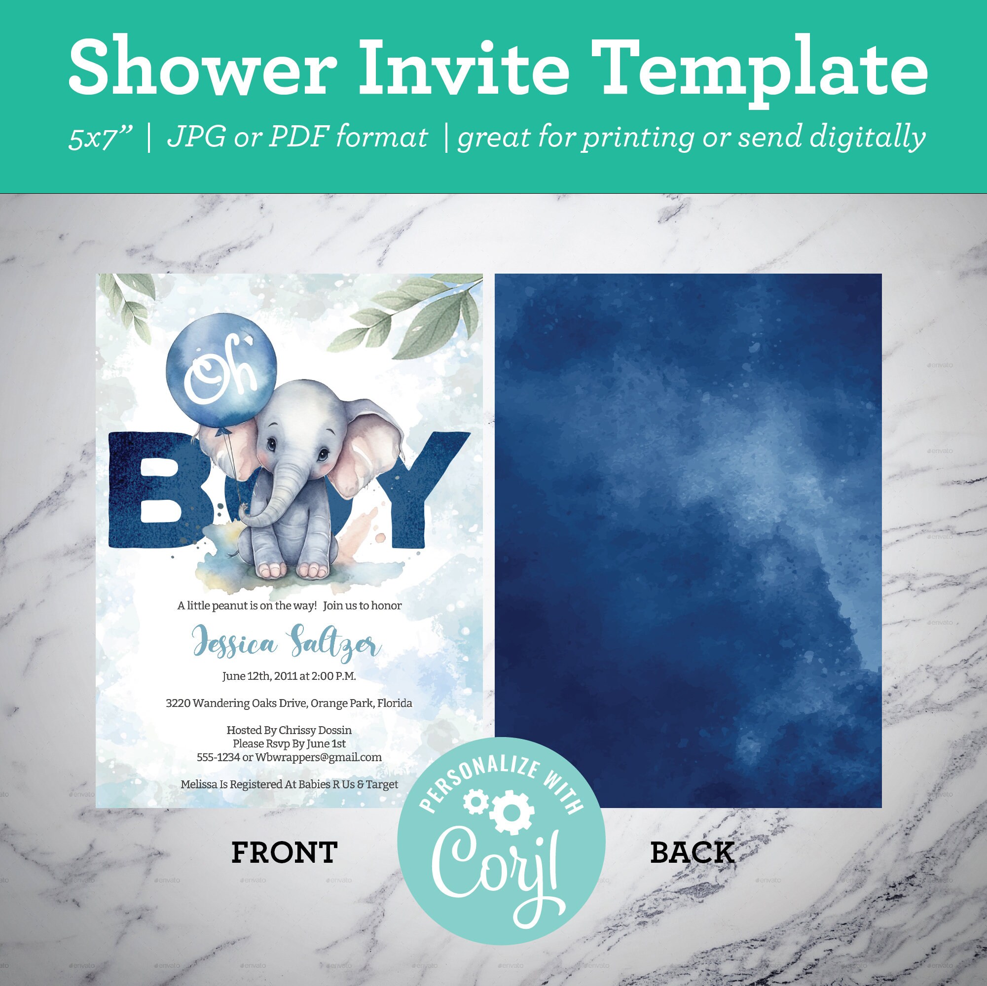 Editable Elephant Baby Shower Invitation - Little Peanut Boy Invite ...