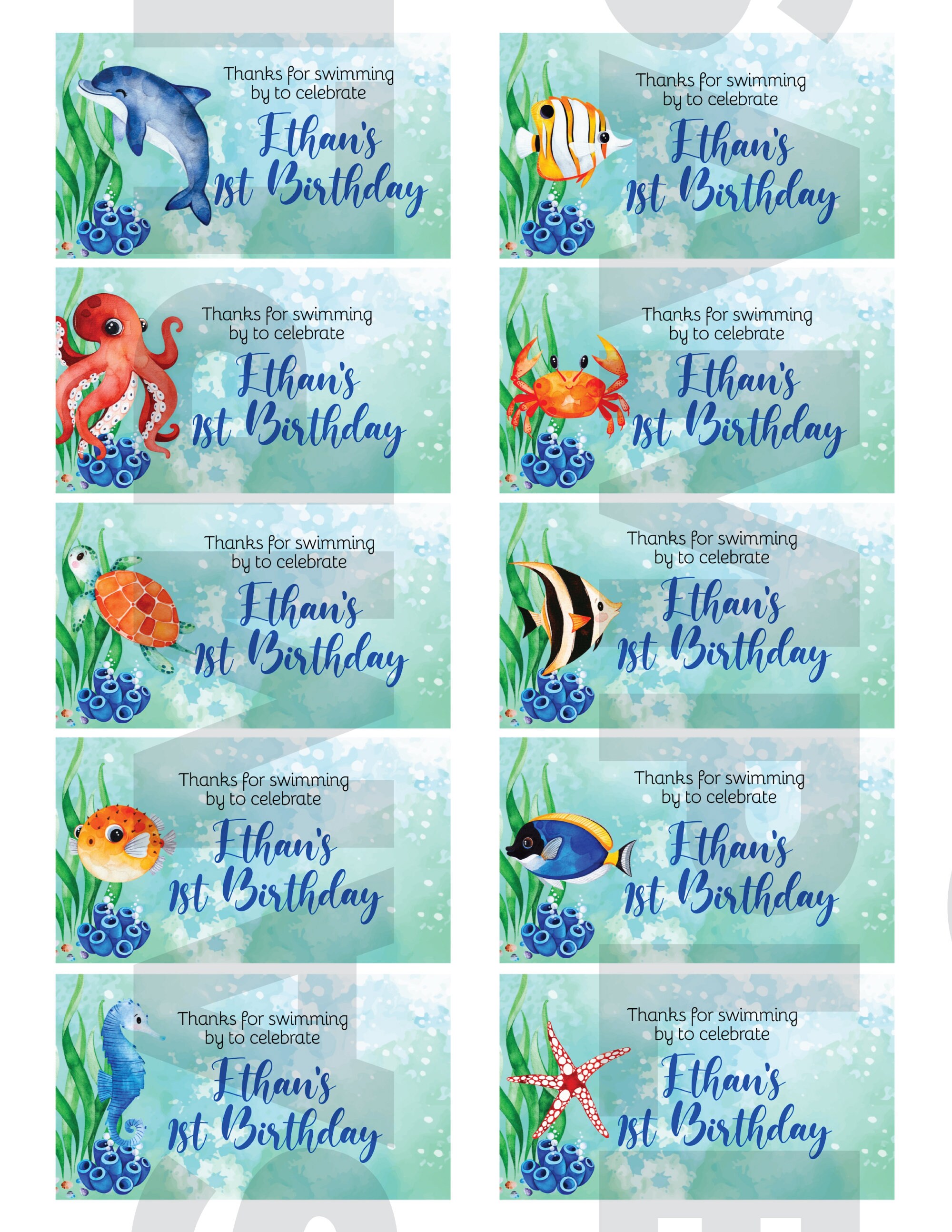 Under the Sea Favor Tags: Kids' Birthday Party, Ocean Animals (digital ...