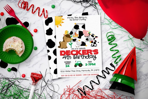 Farm 4th Birthday Party Invitations | Farm Themed Birthday Party | FOUR ...